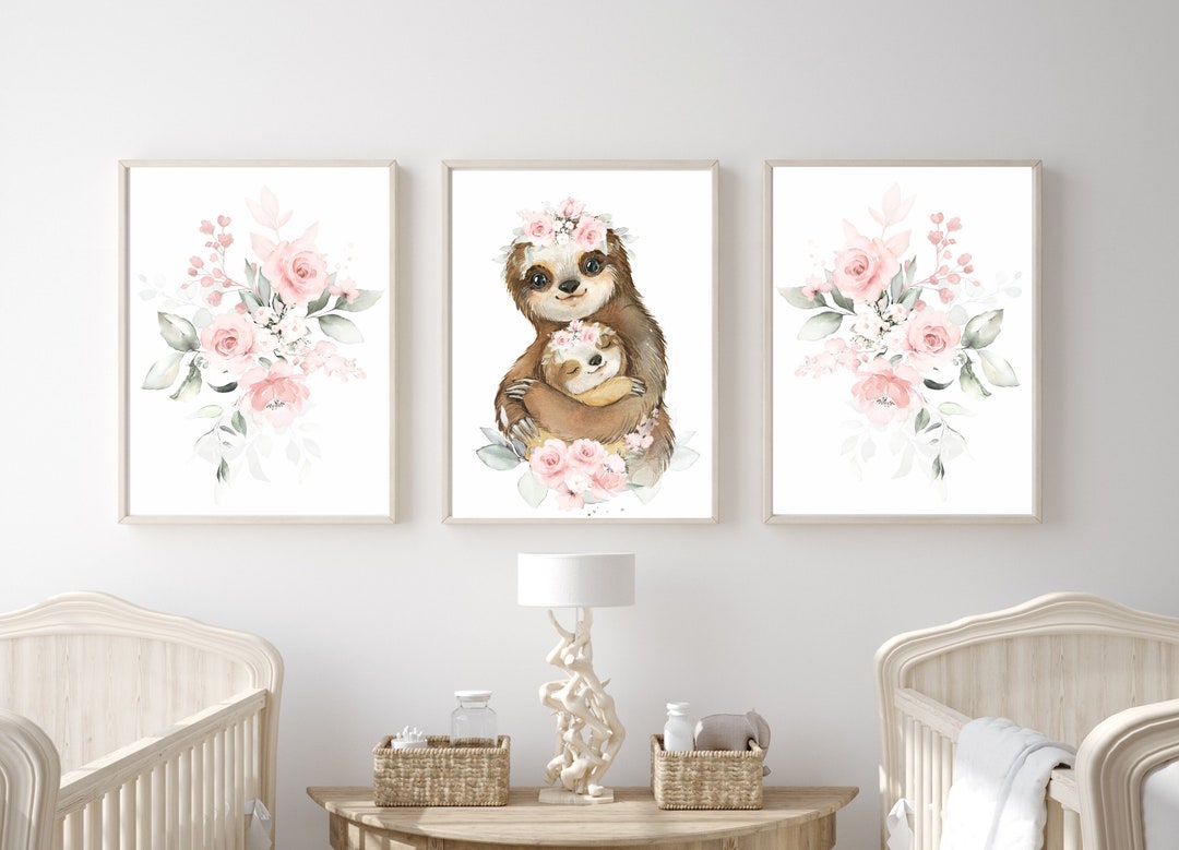 Sloth Girl Prints, Nursery Decor Girl Floral, Sloth Nursery Wall Decor ...