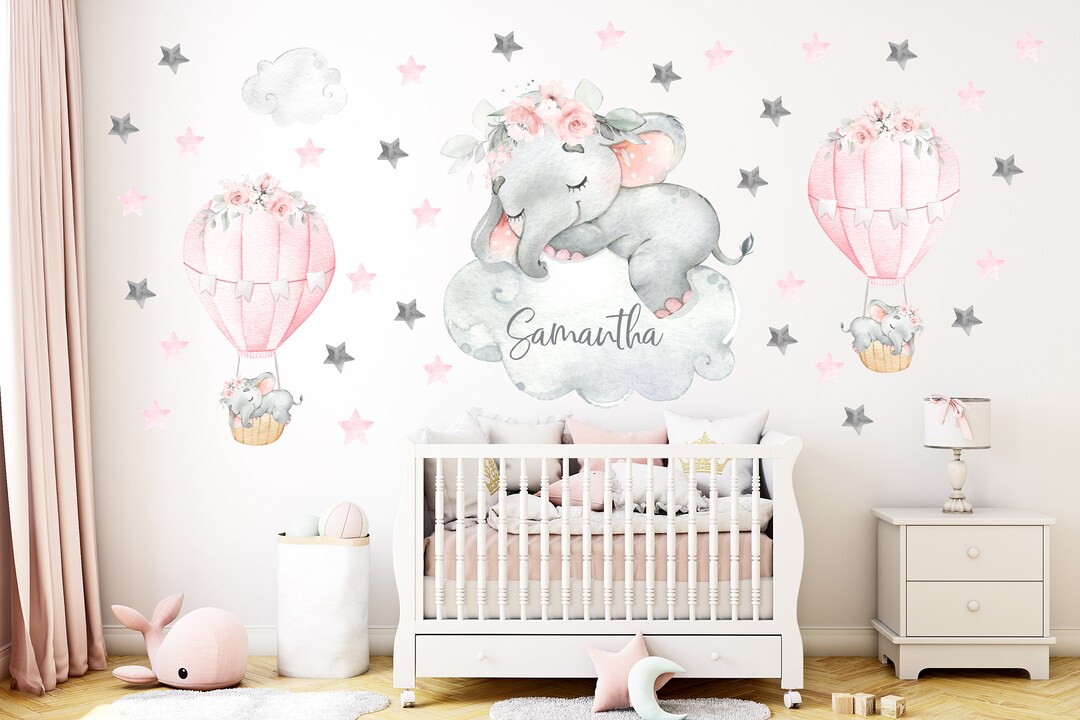 Elephant Nursery Decal With Hot Air Balloons, Nursery Elephant Wall ...
