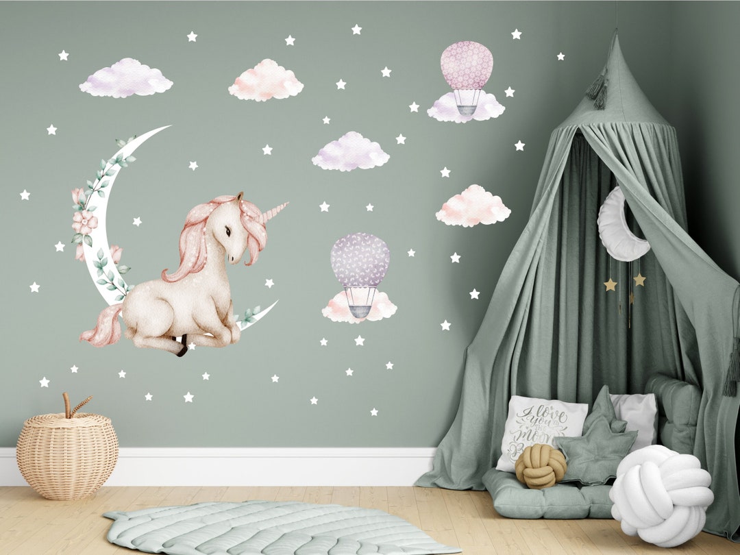 Nursery Wall Decal, Unicorn and Dragon Stickers, Watercolor Fairytale ...