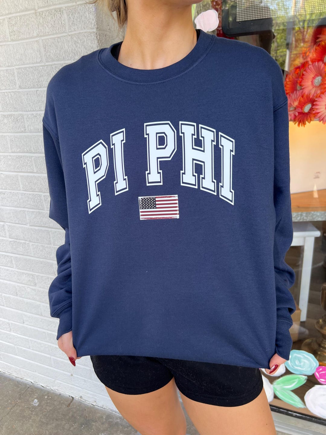 Pi Beta Phi Navy Blue American Flag Sweatshirt | Sorority Merch and ...