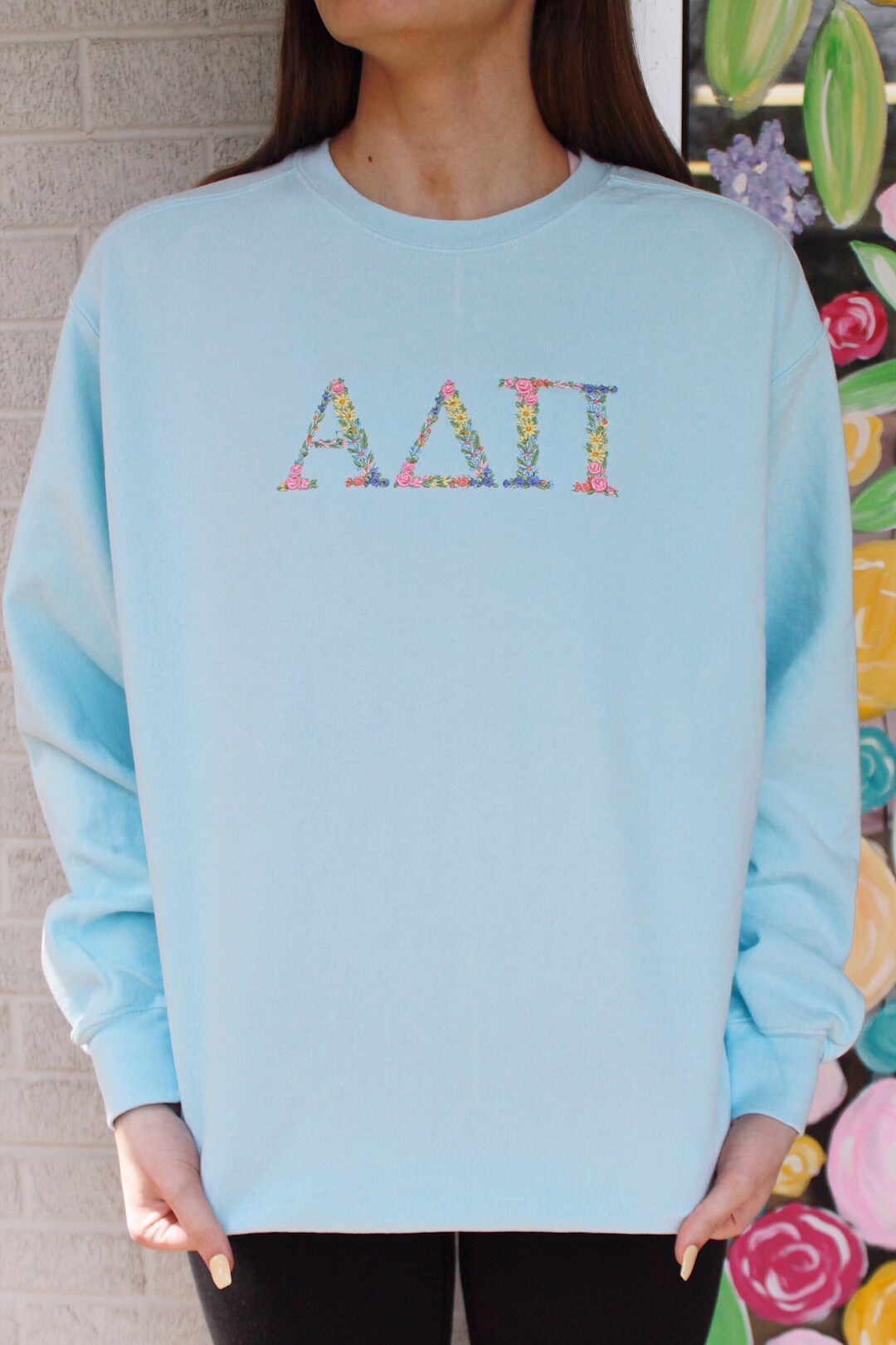Alpha Delta Pi Embroidered Floral Font Sweatshirt | ADPI Sorority Merch ...