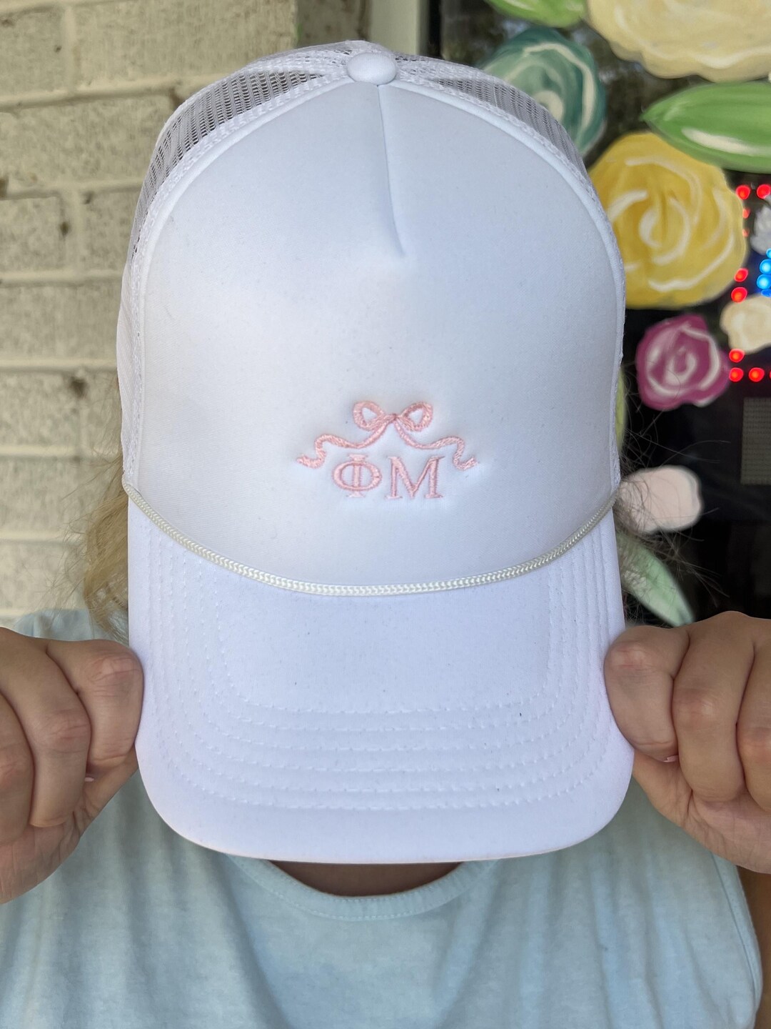 Phi Mu Greek Letter Embroidered Bow Trucker Hat | Sorority Merch and ...