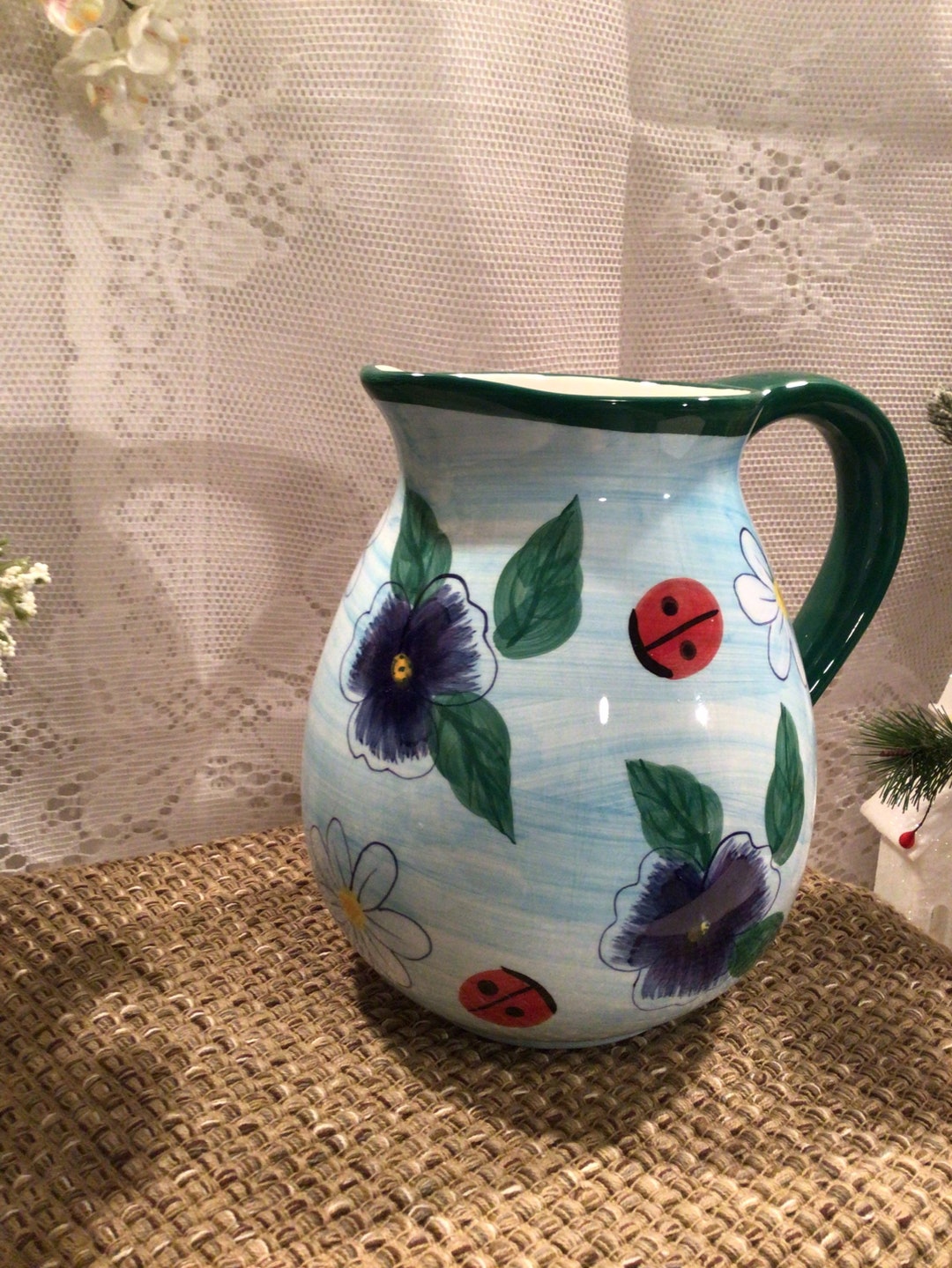 WCL Pastel Blue Pitcher With Pansies Flowers and Lady Bugs Vintage - Etsy