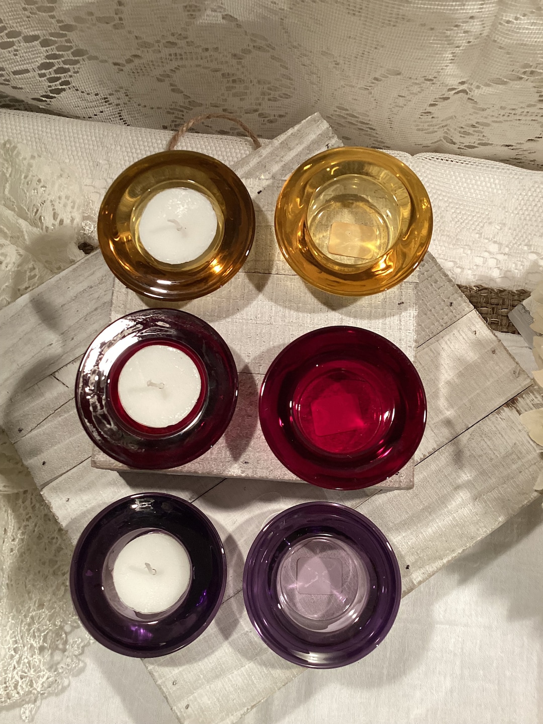 Crate and Barrel Glass Votive / Tea Light Holders Set of 6 Red, Amber ...