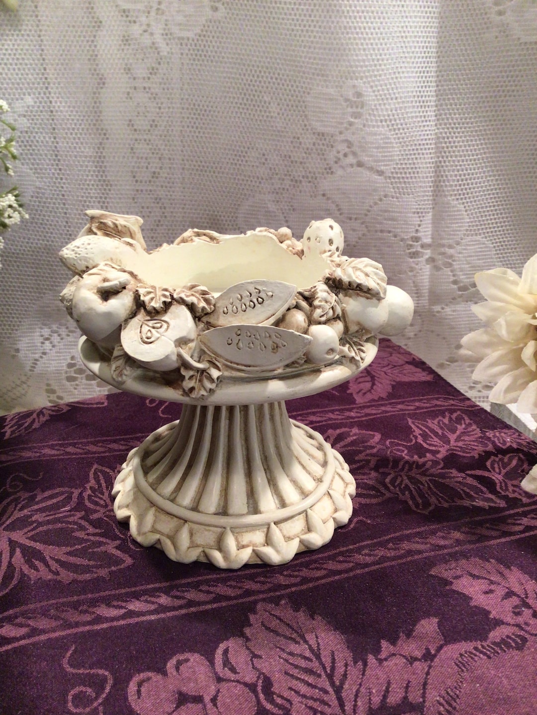 Off White Resin Pillar Candle Holder With Fruit Motif Farmhouse,cottage ...
