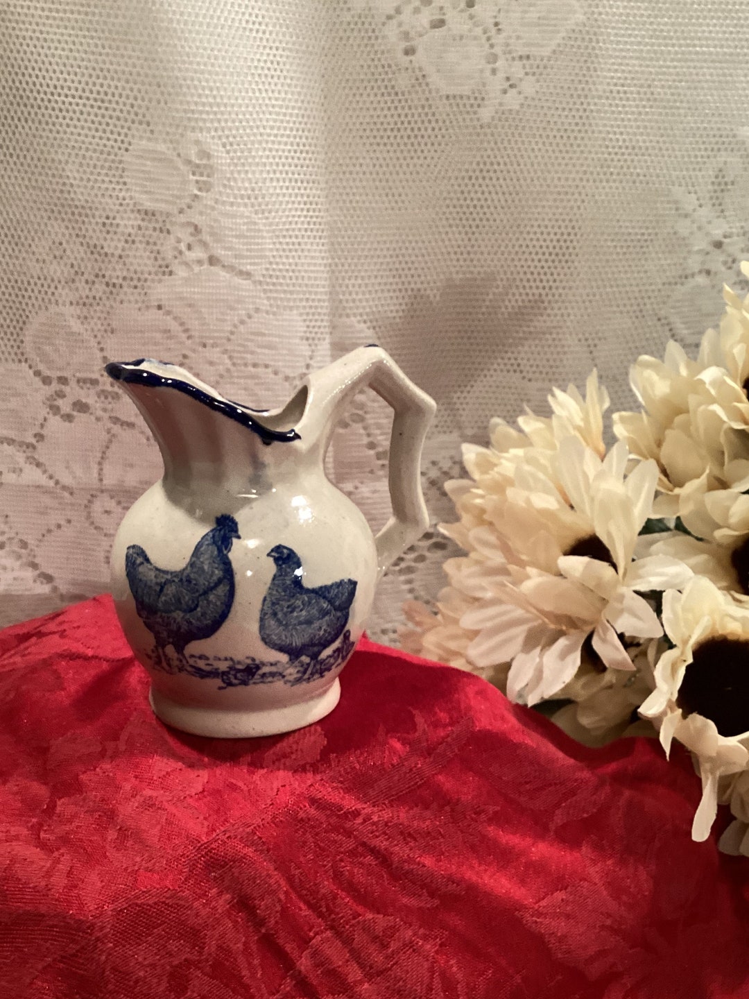 Small Blue and White Chicken / Rooster Motif Creamer / Syrup Pitcher - Etsy
