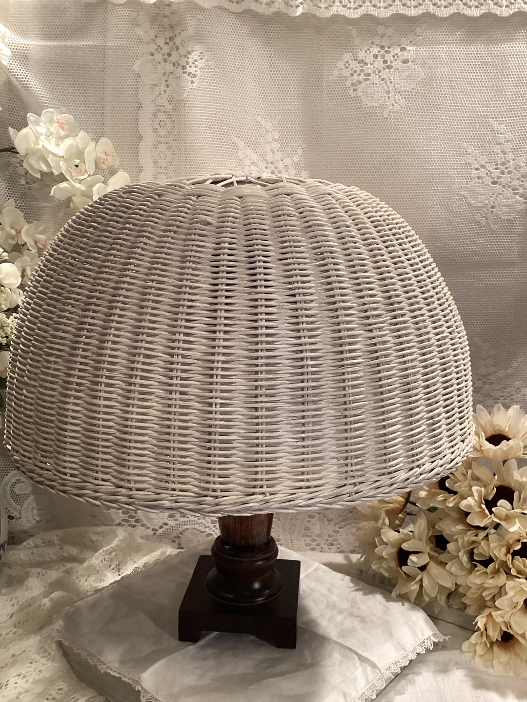 Large White Wicker Lamp Shade Retro MCM - Etsy
