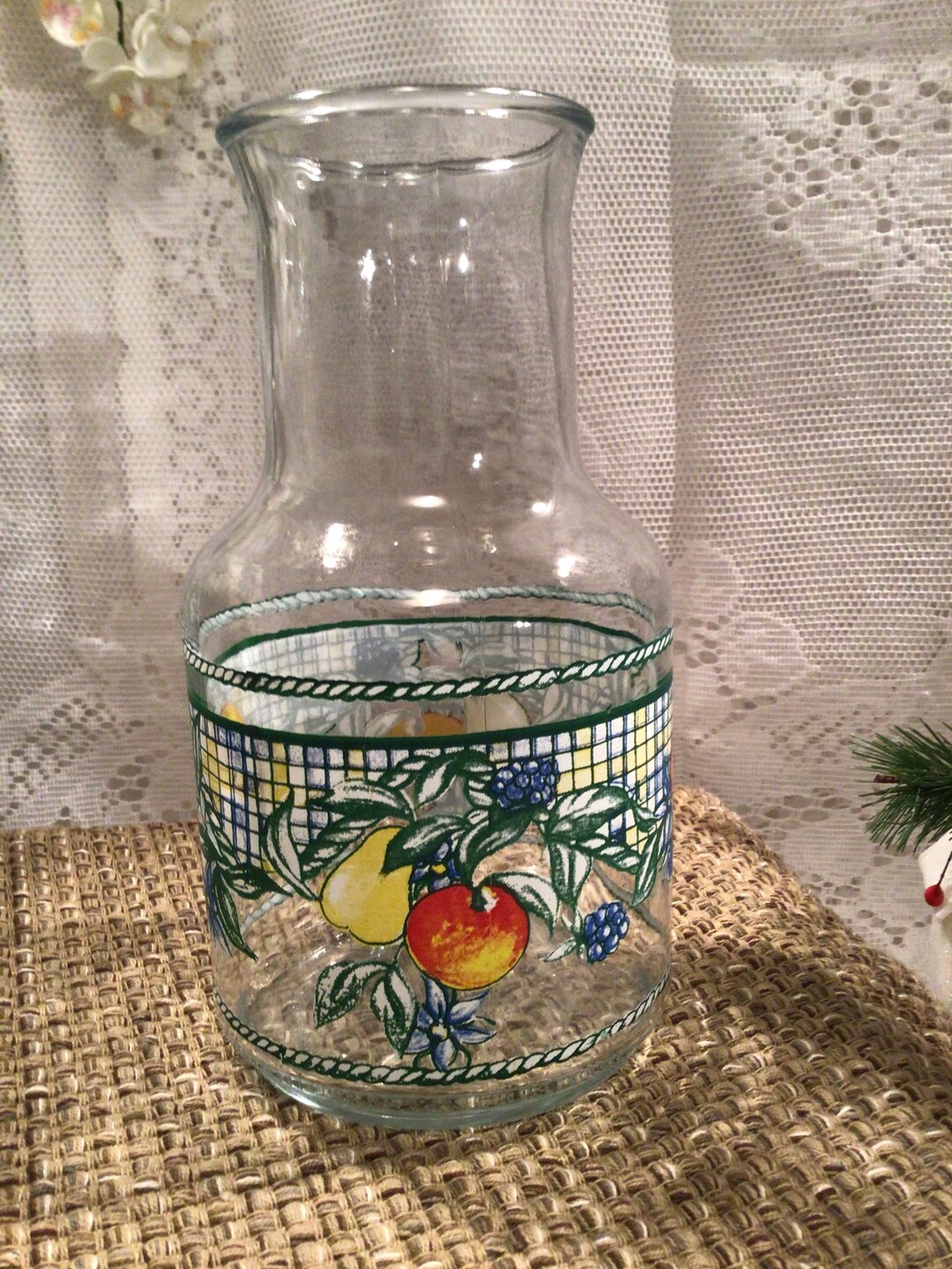 KIG Indonesia Juice Carafe Vintage 1970’s Pitcher Fruit and Plaid Motif ...