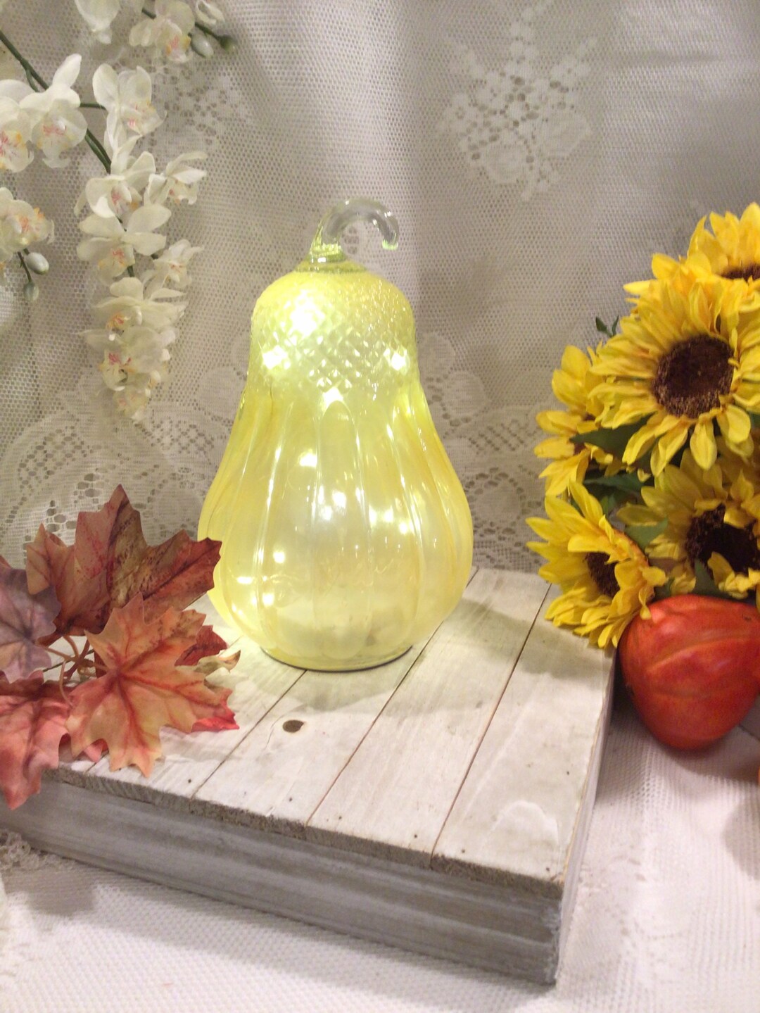 Yellow Lighted LED Squash,gourd Blown Glass Pumpkin Gourd Curled Stem ...