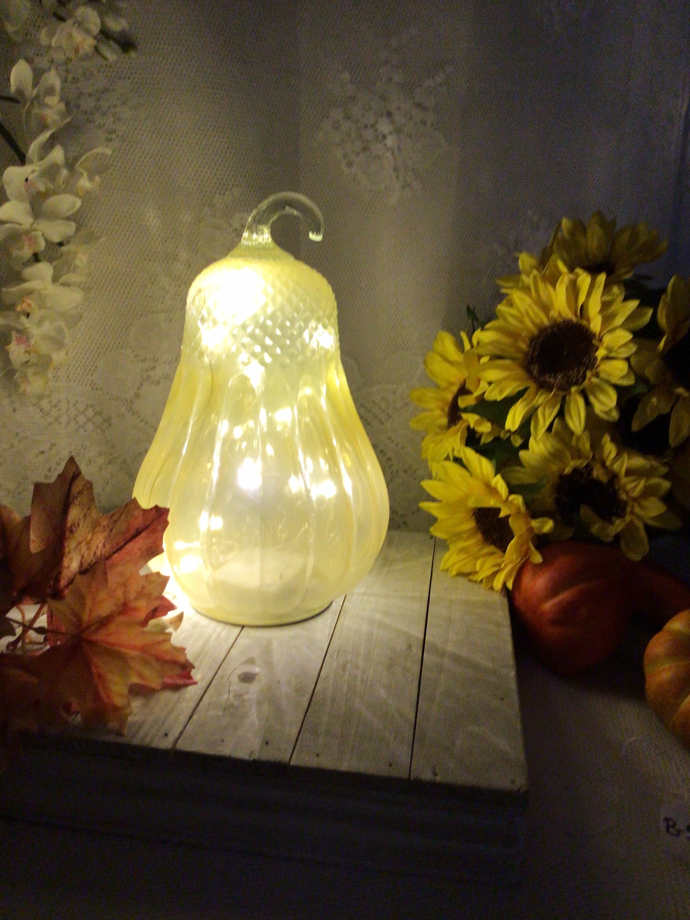 Yellow Lighted LED Squash,gourd Blown Glass Pumpkin Gourd Curled Stem ...