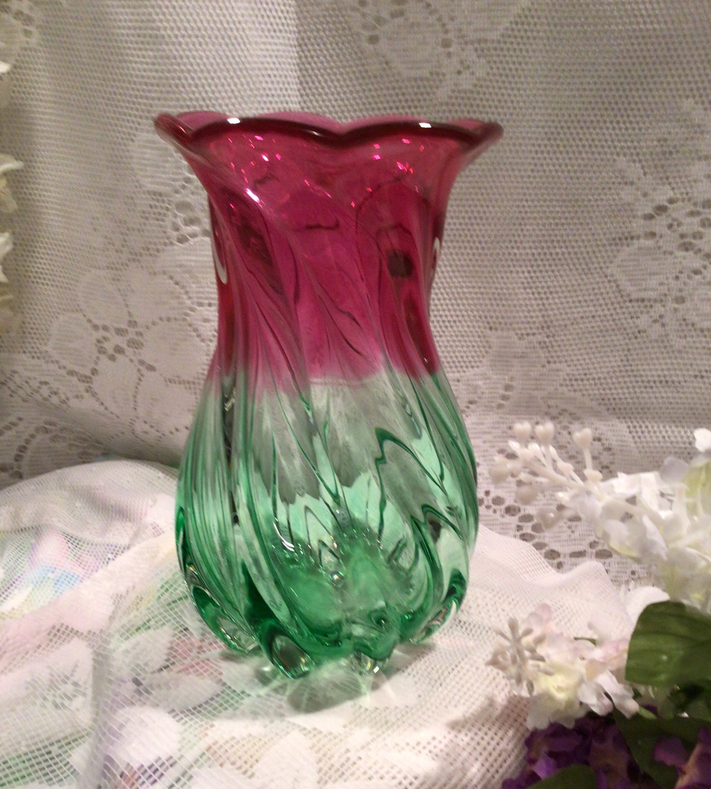 Teleflora Handblown Italy Cranberry and Green Swirl Glass Vase - Etsy