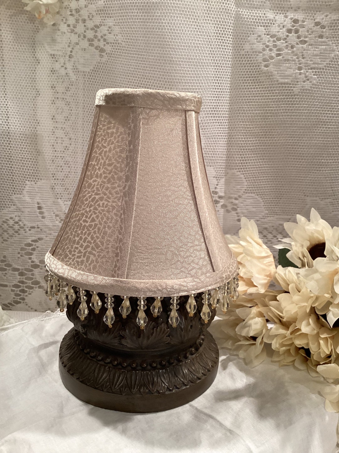 Small Satin Beige Candlestick Lamp Shade W/ Beads - Etsy