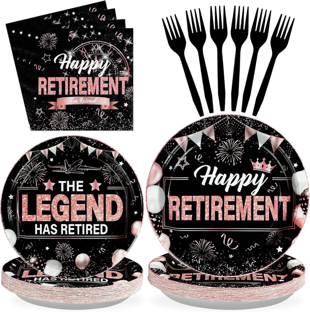 Retirement Party Plates, Napkins, Forks Disposable Tableware Serves 24 ...