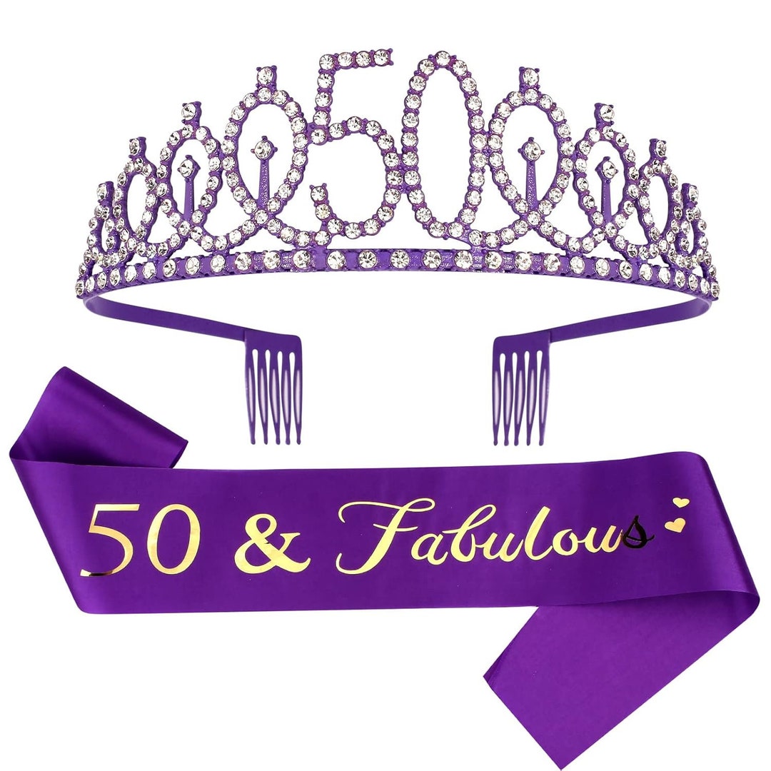 50th Birthday Sash and Tiara for Women Purple, 50 & Fabulous Birthday ...