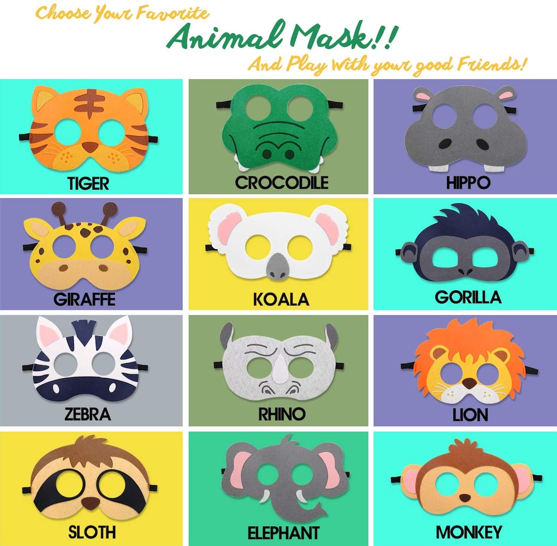 Safari Jungle Animal Felt Masks Pack of 12 Woodland Party | Etsy