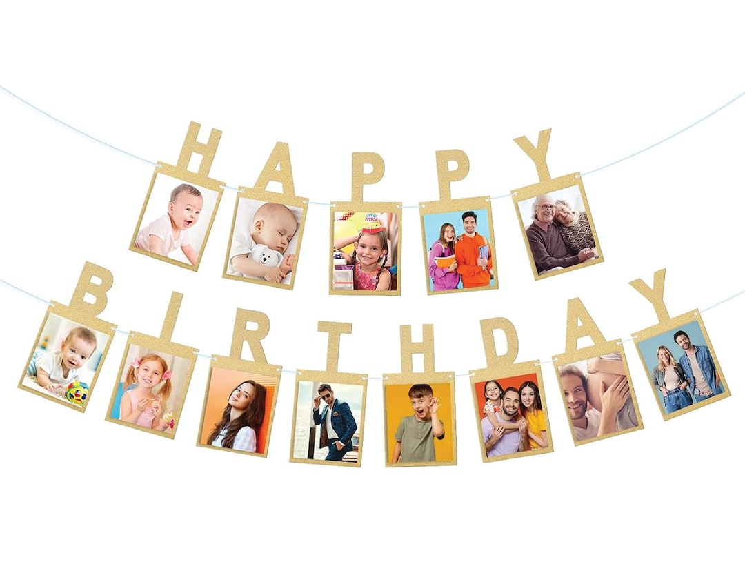 Birthday Photo Banner, Annual Milestone Golden Happy Birthday Banner ...