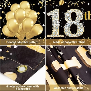 Large 18th Birthday Banner Backdrop Decorations for Girl Boy Black Gold ...
