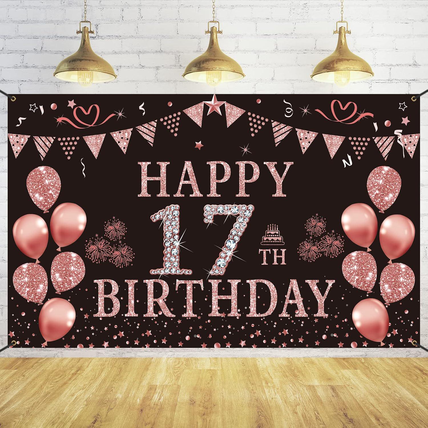 17th Birthday Banner Backdrop Decorations for Girl's Rose Gold Happy 17 ...