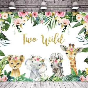 Two Wild Backdrop Girl's Jungle Safari Animals 2nd Birthday Vinyl Photo ...