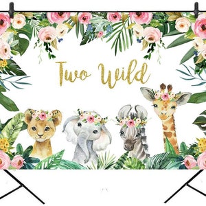 Two Wild Backdrop Girl's Jungle Safari Animals 2nd Birthday Vinyl Photo ...