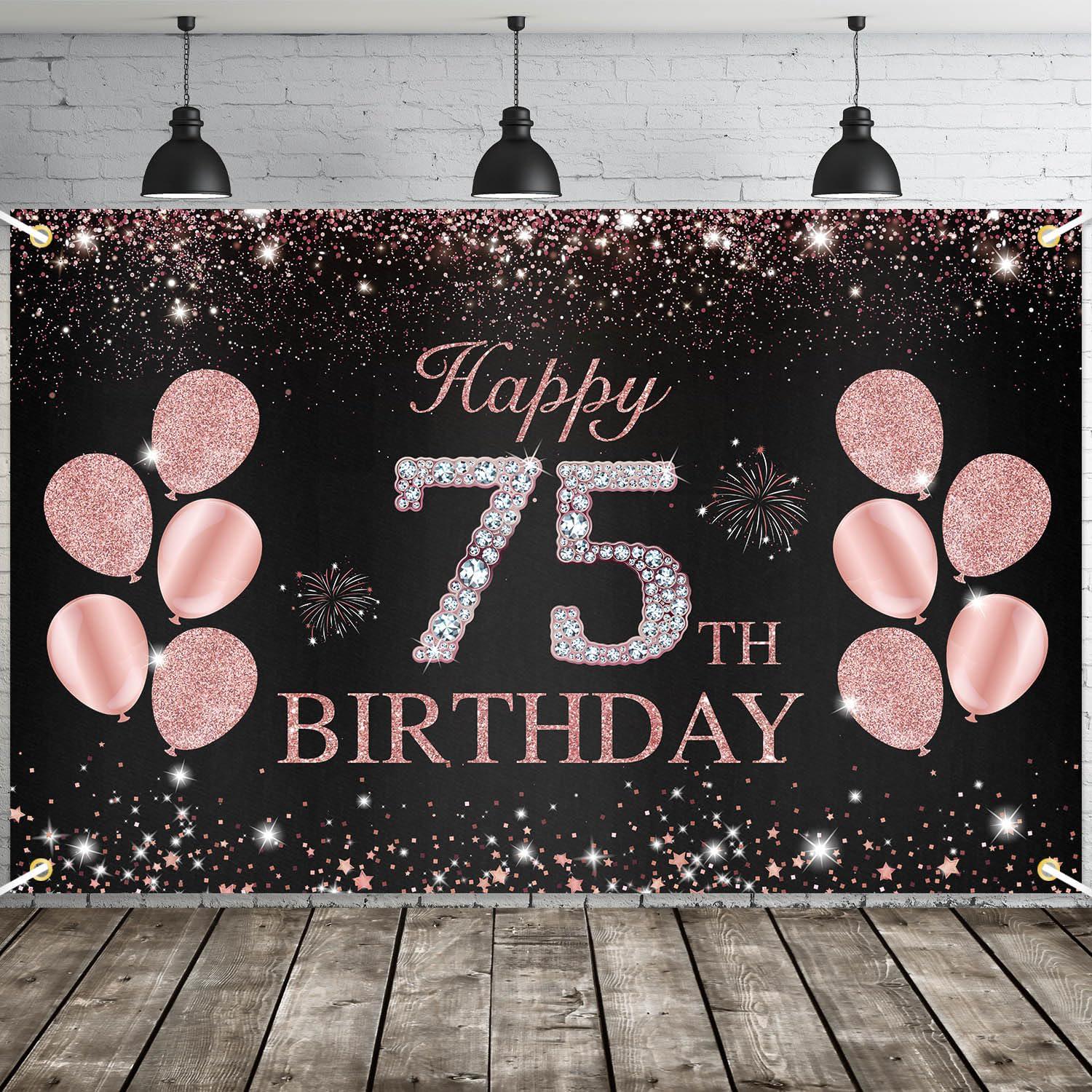 75th Birthday Banner Backdrop Decorations for Women Rose Gold Happy 75 ...
