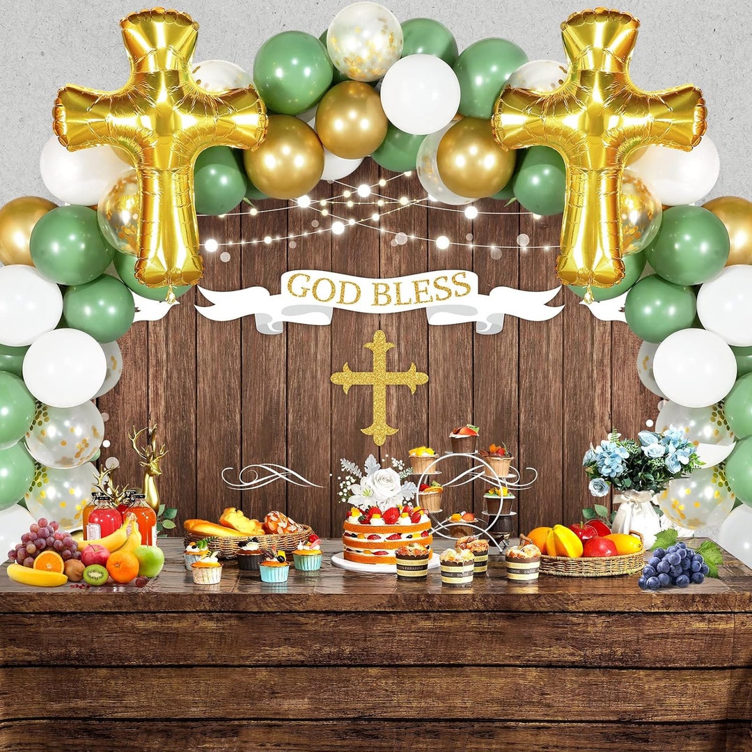 First Communion Backdrop and Balloon Garland Kit, Rustic Wood Baptism ...
