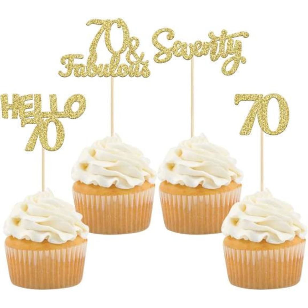 70th Birthday Cupcake Toppers 24 Pcs, Gold Glitter 70th Birthday ...