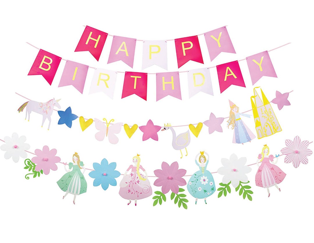 Princess Happy Birthday Banner, Princess & Flower Shape Birthday Party ...