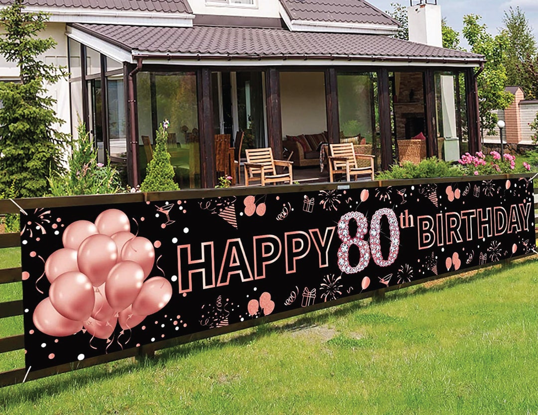 Large 80th Birthday Banner Backdrop Decorations For Women Rose Gold 80