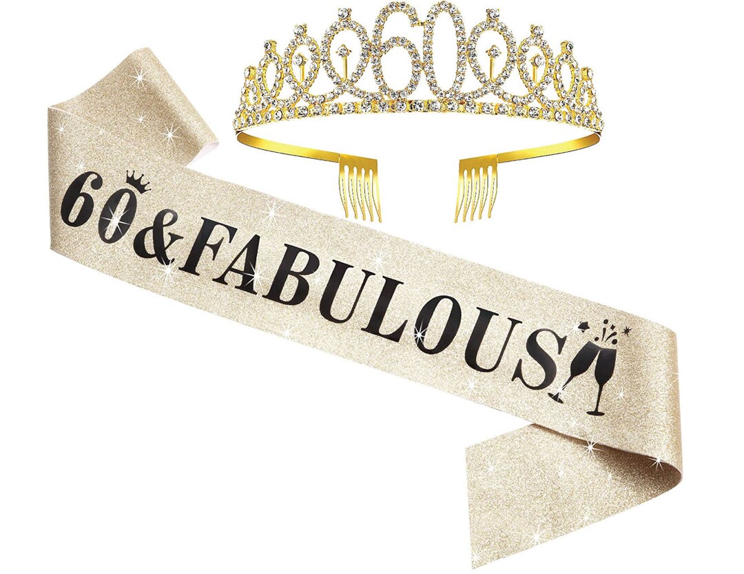 60th Sash & Rhinestone Tiara Set, 60th Birthday Sash and Gold Crown, Gold Glitter 60th Birthday ...