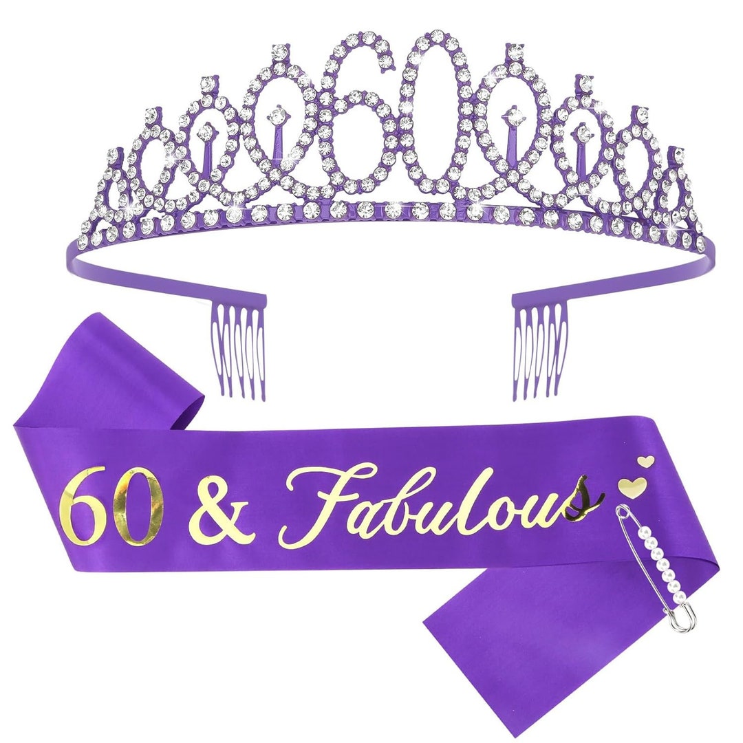 60th Birthday Sash and Tiara for Women Purple, 60 & Fabulous Birthday Sash Crown 60th Sash and ...