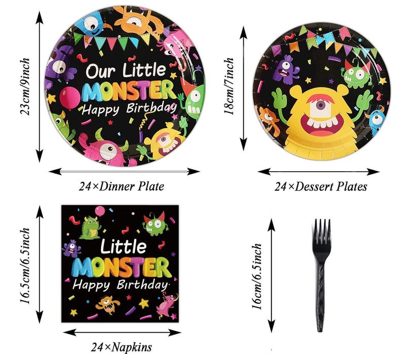 Monster Birthday Plates, Napkins, Forks Disposable Tableware Serves 24 ...