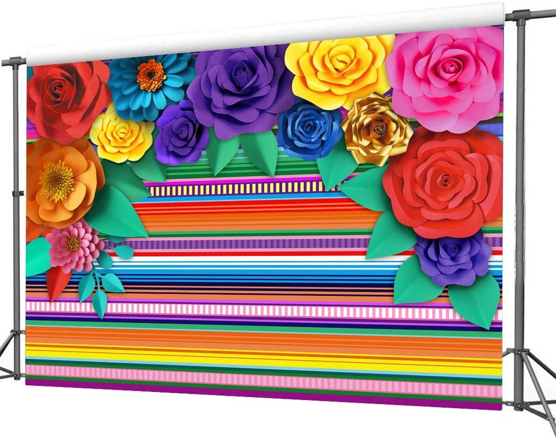 Mexican Theme Party Striped Backdrop Fiesta Cinco De Mayo Paper Flowers ...
