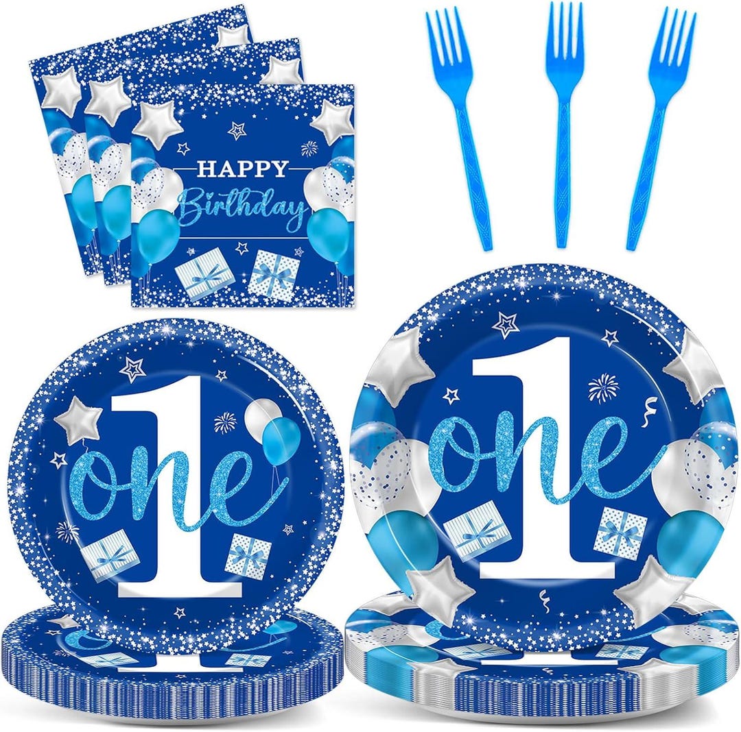 Boys 1st Birthday Plates, Napkins, Forks Disposable Tableware Serves 24 ...