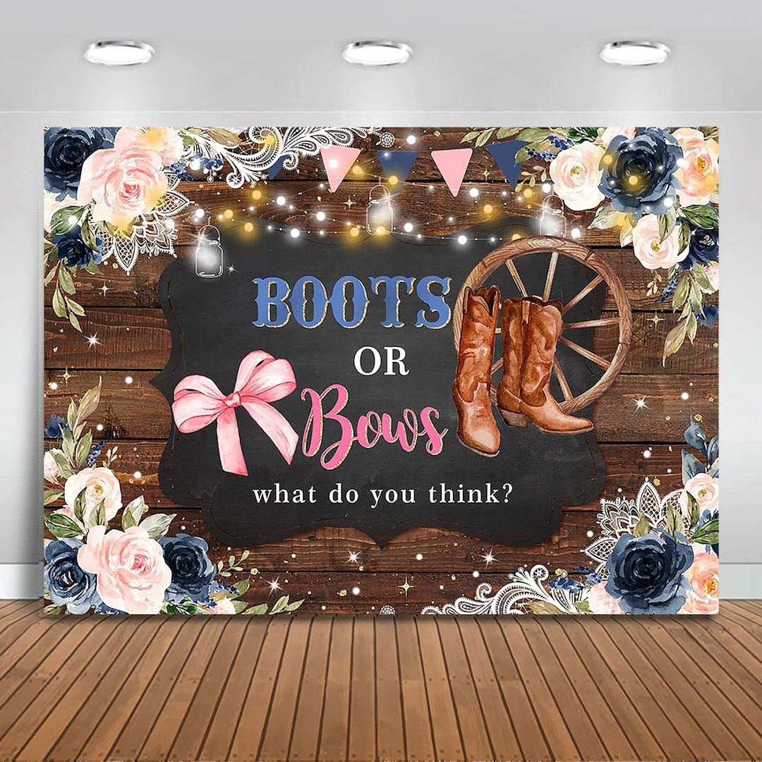 Boots or Bows Gender Reveal Backdrop He or She Rustic Wood Banner Vinyl ...