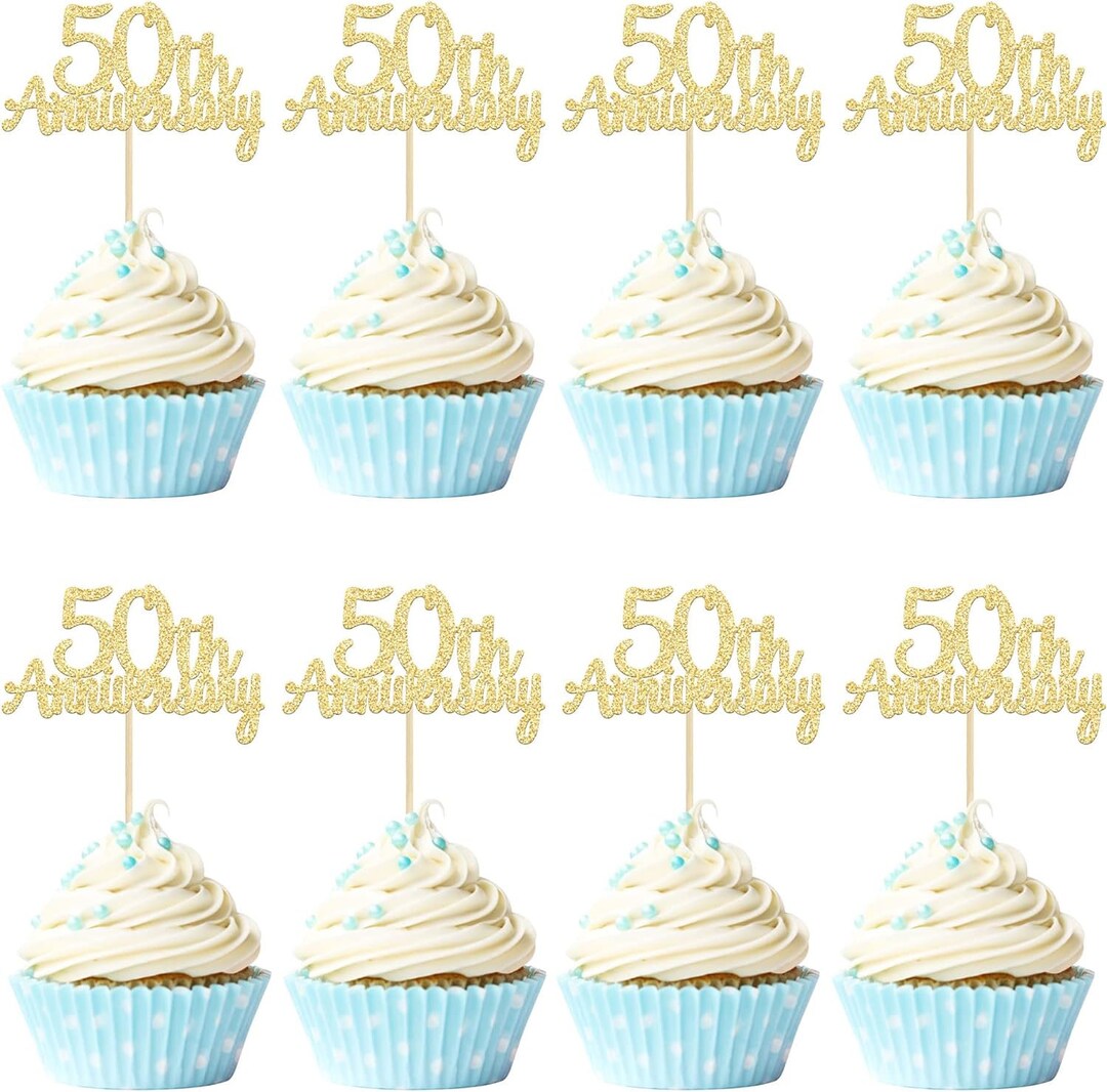 50th Anniversary Cupcake Toppers 24 Pcs, Gold Glitter 50th Anniversary ...