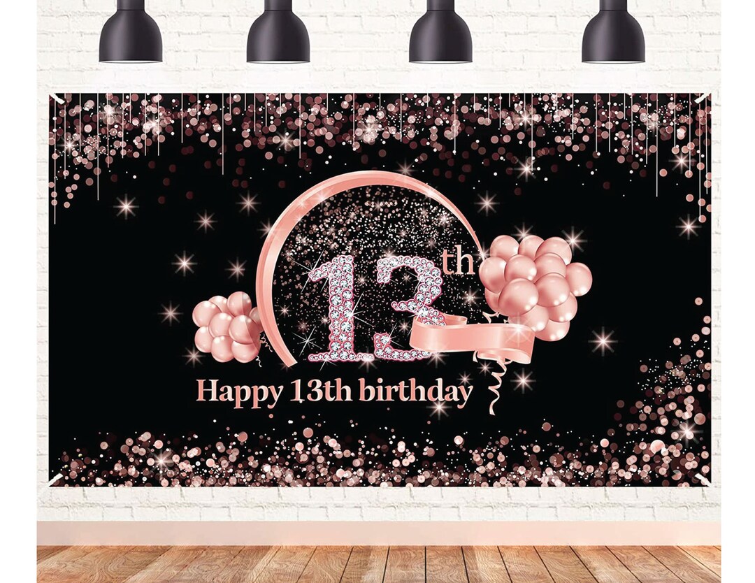 13th Birthday Banner Backdrop Decorations for Girl's Rose Gold Happy 13 ...