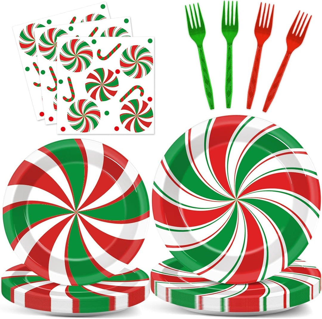 Christmas Peppermint Candy Party Plates, Napkins, Forks Disposable ...