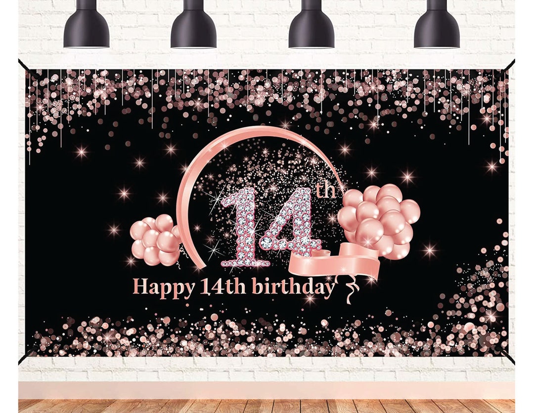 14th Birthday Banner Backdrop Decorations for Girl's Rose Gold Happy 14 ...