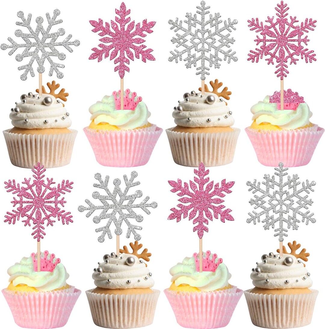 Snowflake Cupcake Toppers Set of 24, Girls Pink and Silver Snowflakes ...