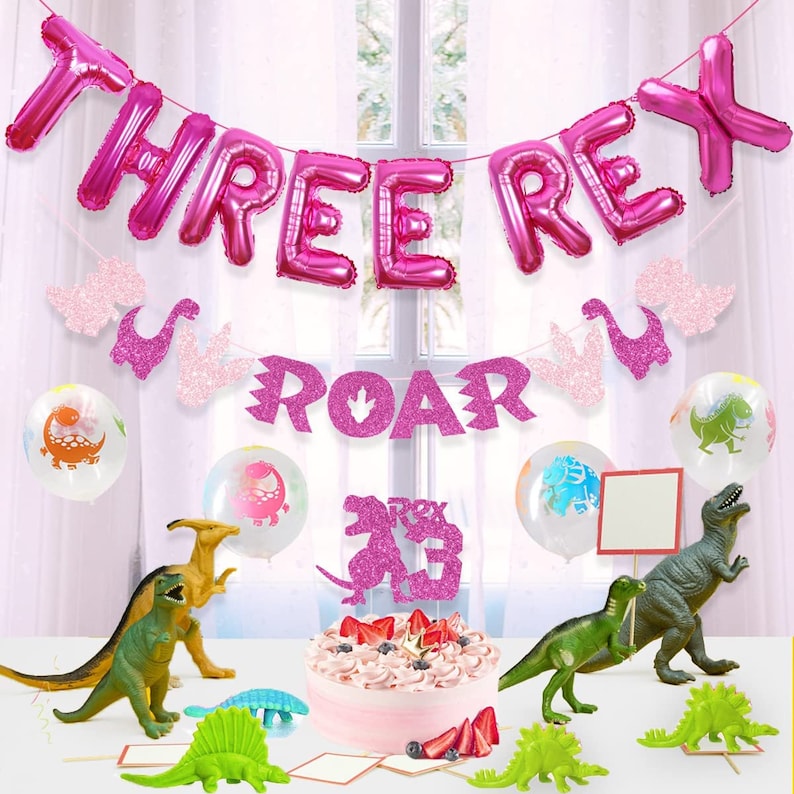 Girl Dinosaur Birthday Decorations Three Rex Girls Pink | Etsy