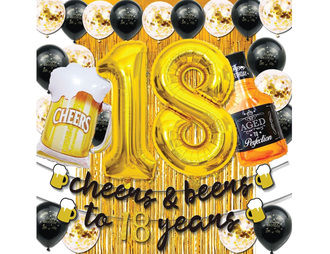 Cheers and Beers to 18 Years Balloons Decorations Black and Gold 18th ...