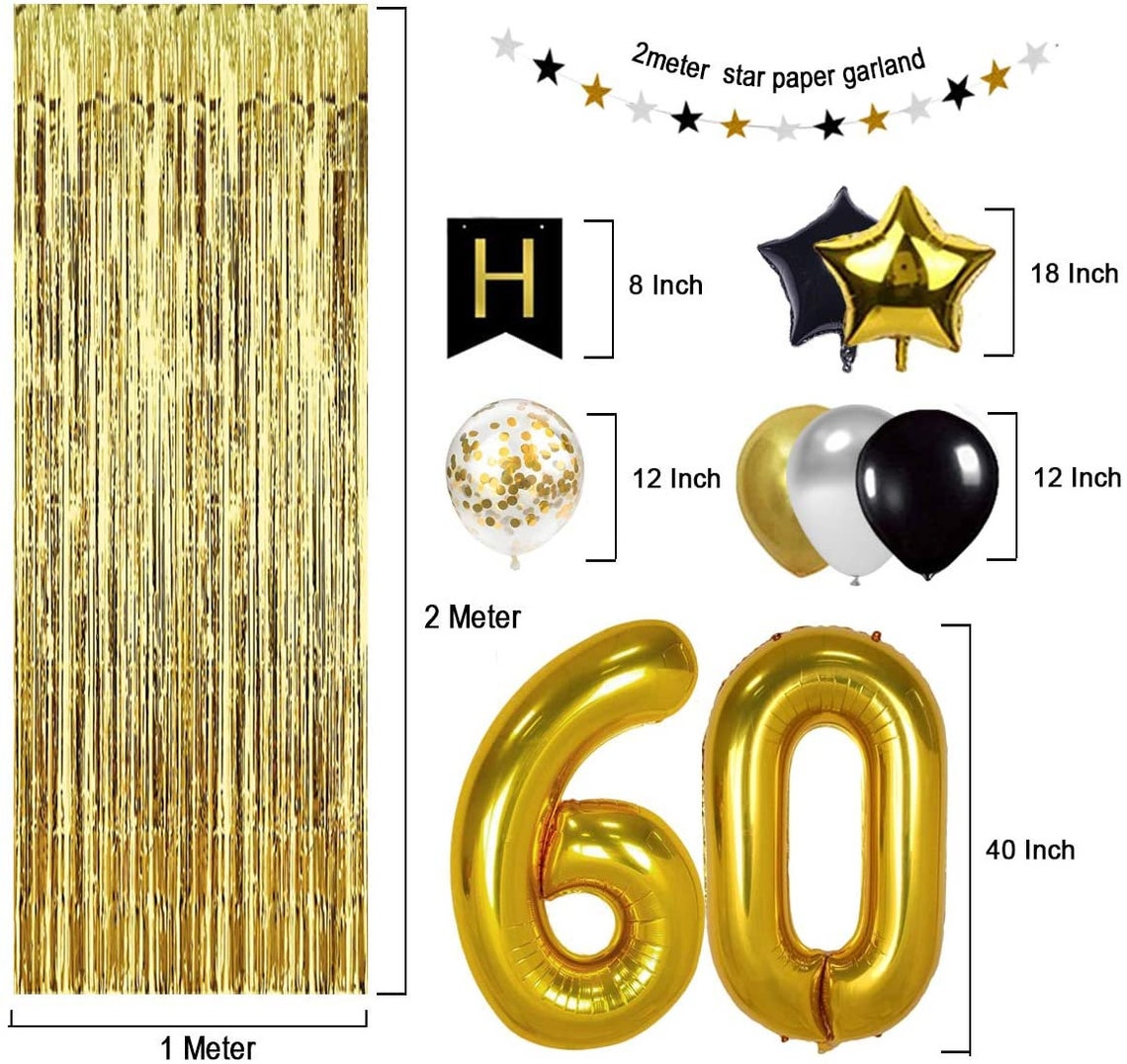 Black and Gold 60th Birthday Decorations, Happy Birthday Banner, 60th ...