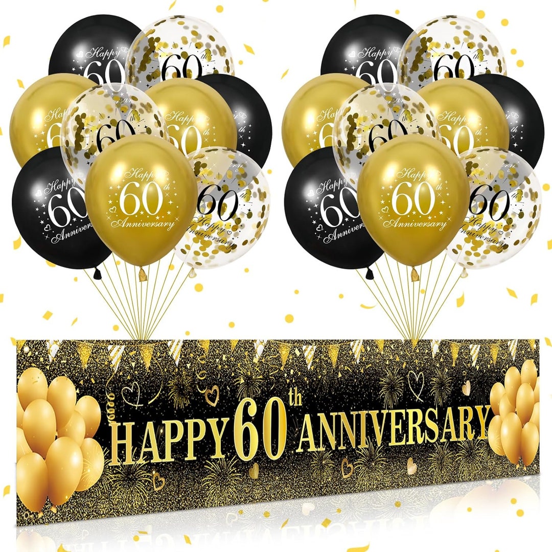 Large 60th Anniversary Banner Backdrop Decorations Gold Happy 60th ...