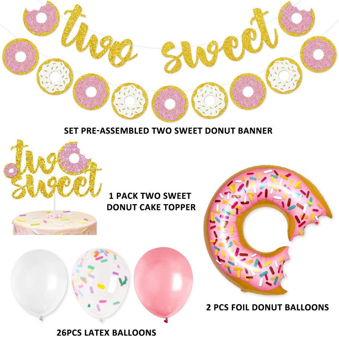 Donut Two Sweet Birthday Party Decoration, Girl's Donut 2nd Birthday ...