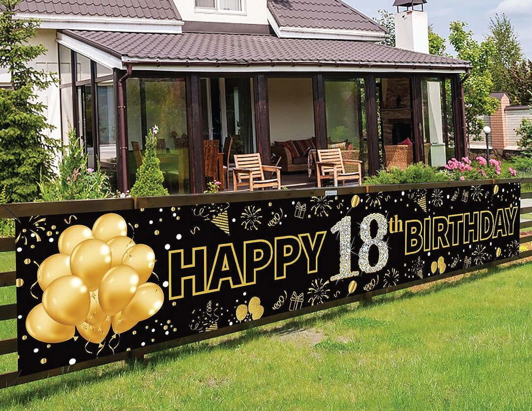 Large 18th Birthday Banner Backdrop Decorations for Girl Boy Black Gold ...