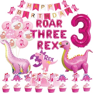Girl Dinosaur Birthday Decorations, Three Rex Girls Pink Dinosaur ...