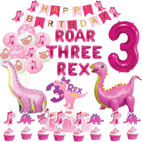 Girl Dinosaur Birthday Decorations Three Rex Girls Pink - Etsy