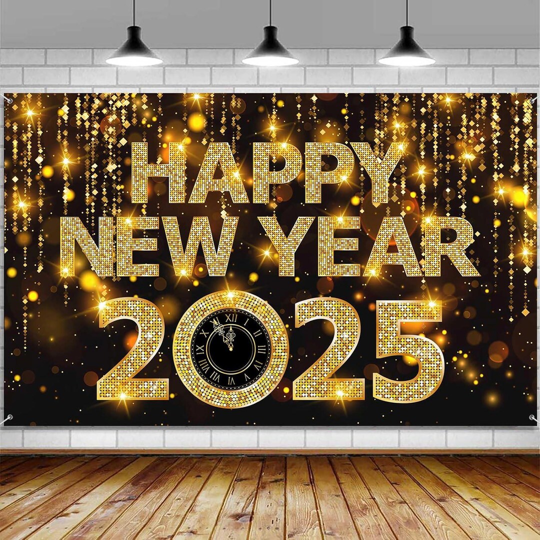 New Year's Eve Party Backdrop 2025 Happy New Year Black and Gold ...