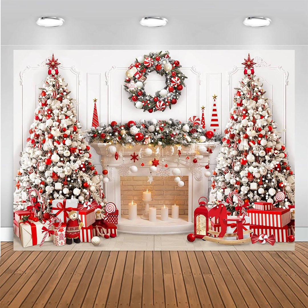 Christmas Fireplace Backdrop, Christmas Red and White Fireplace Family Picture Vinyl Photography ...